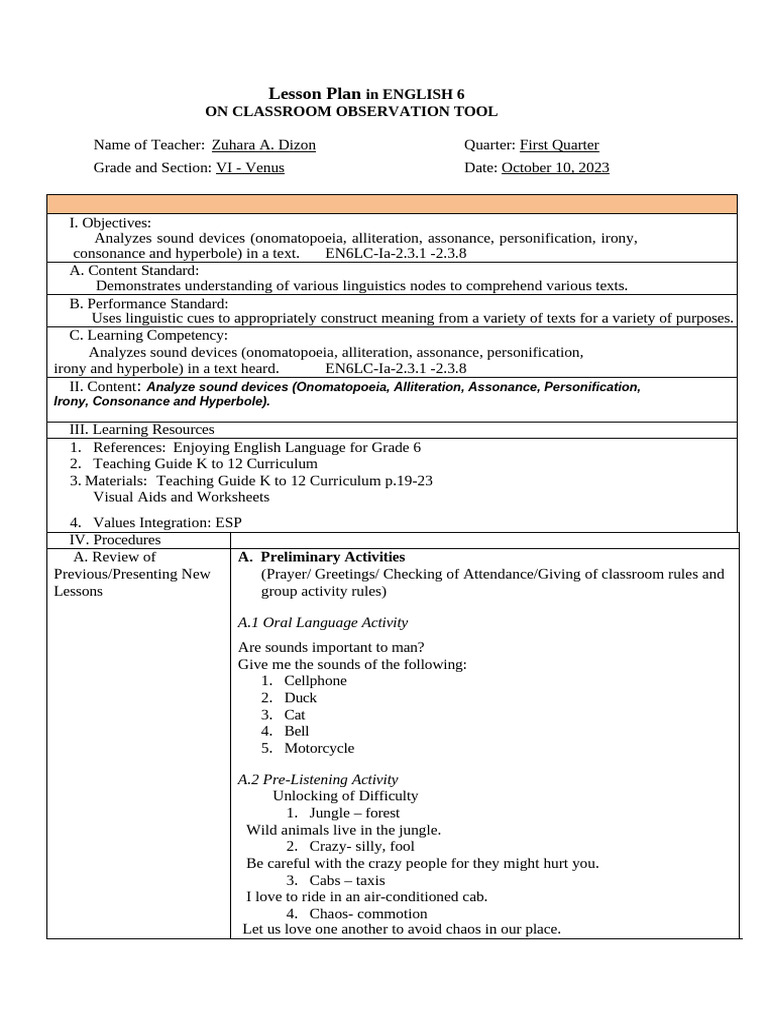Classroom Observation: Sound Devices Lesson | PDF | Poetry | Word