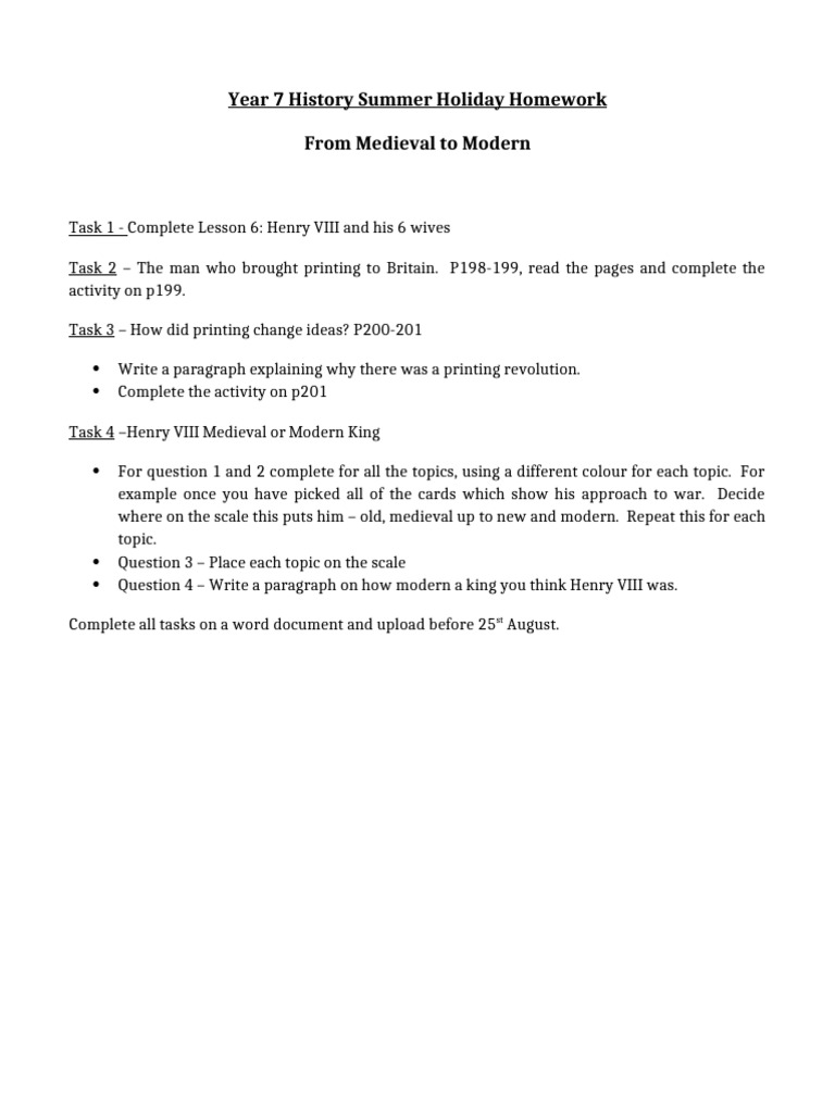 Year 7 History Homework: Henry VIII & Printing | PDF