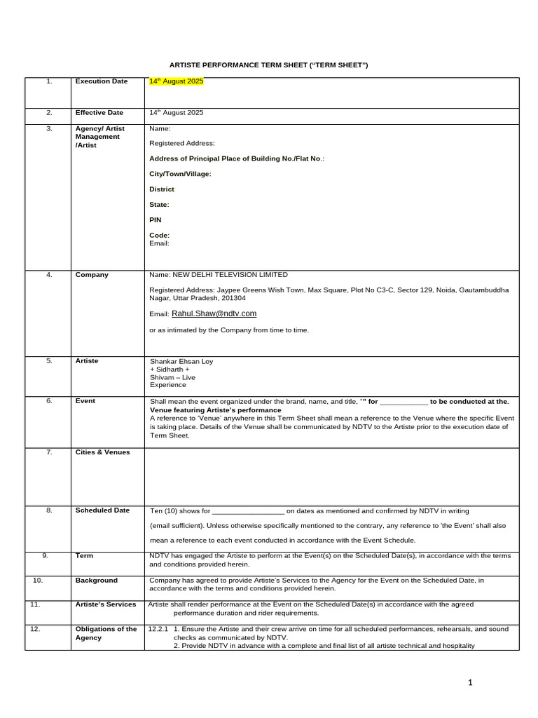 Artist Term Sheet (SEL SS) NDTV Arena ConcertTour | PDF | Indemnity ...