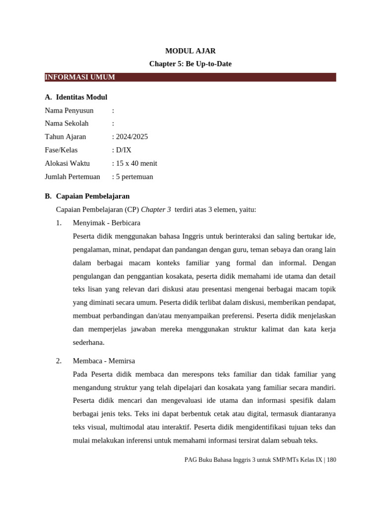 7.5 Modul Ajar Chapter 5 Bahasa Inggris Untuk SMP MTs Kelas IX | PDF