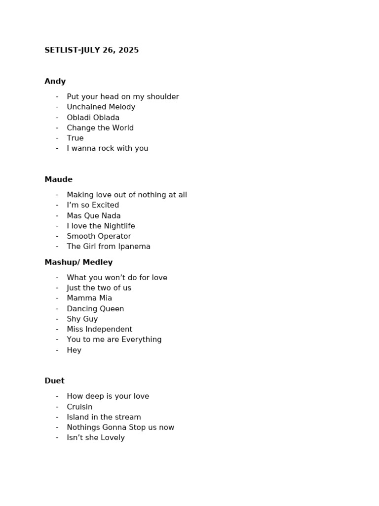 Proposed Setlist for July 26, 2025 | PDF