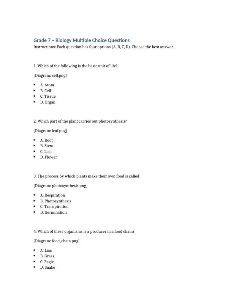 Grade7 Biology Questions With Diagrams | PDF