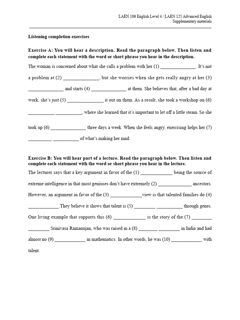 Listening Completion Exercises | PDF