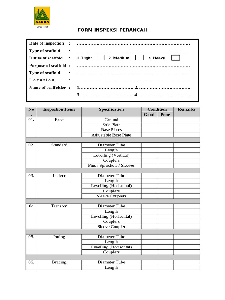Lembar Pemeriksaan Scaffolding | PDF | Scaffolding | Equipment