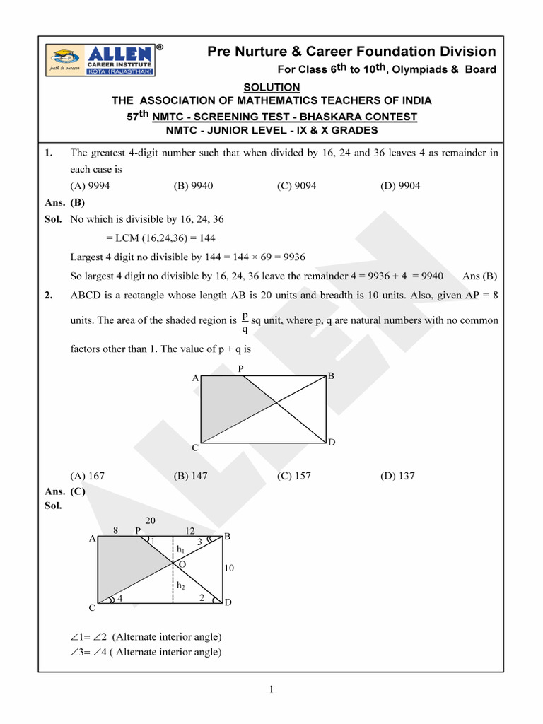 NMTC Junior Group 9 10 Paper Solution | PDF