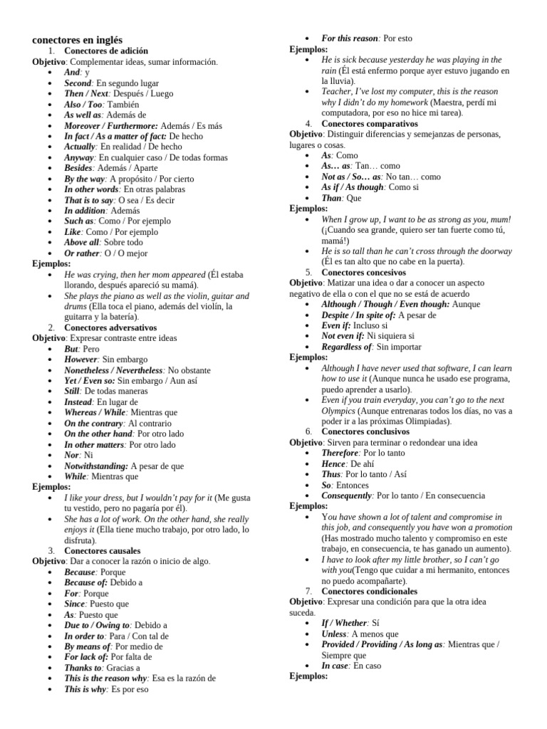 Conectores en inglés: Guía completa | PDF