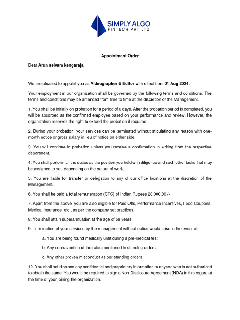 Appointment Order for Videographer Position | PDF | Non Disclosure ...