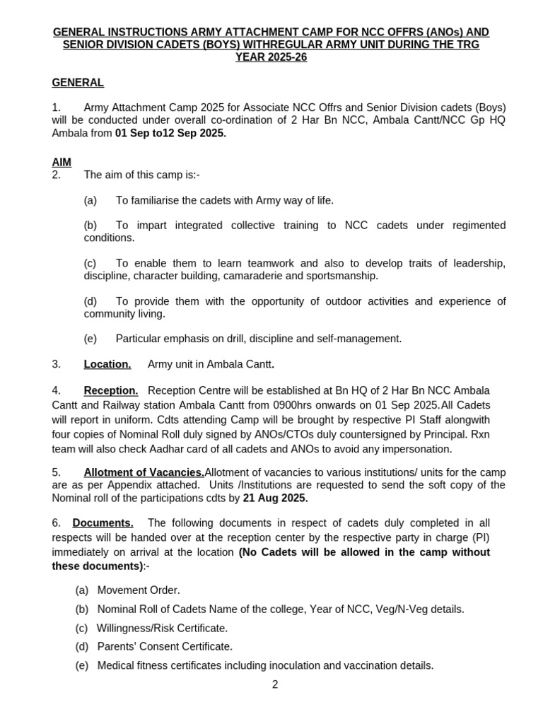 General Instructions Army Attachment (SD) Camp Wef 01 Sep To 12 Sep 2025 | PDF | Military ...