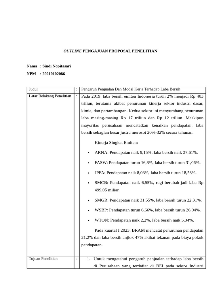 Outline Pengajuan Proposal Penelitian Sindi | PDF