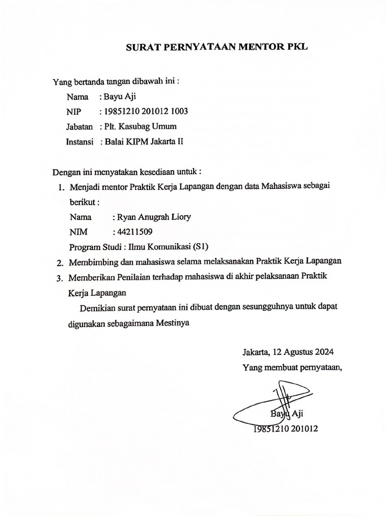 Surat Pernyataan Mentor PKL Ryan | PDF