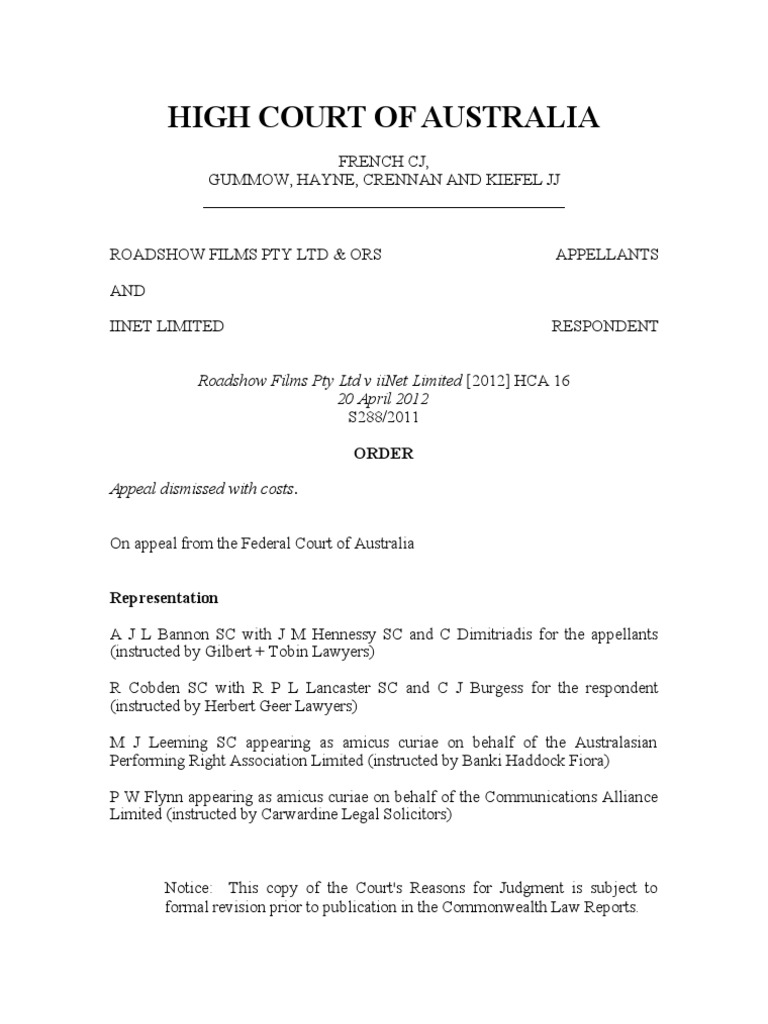 Roadshow Films v iiNet: Copyright Appeal | PDF | Copyright Infringement ...