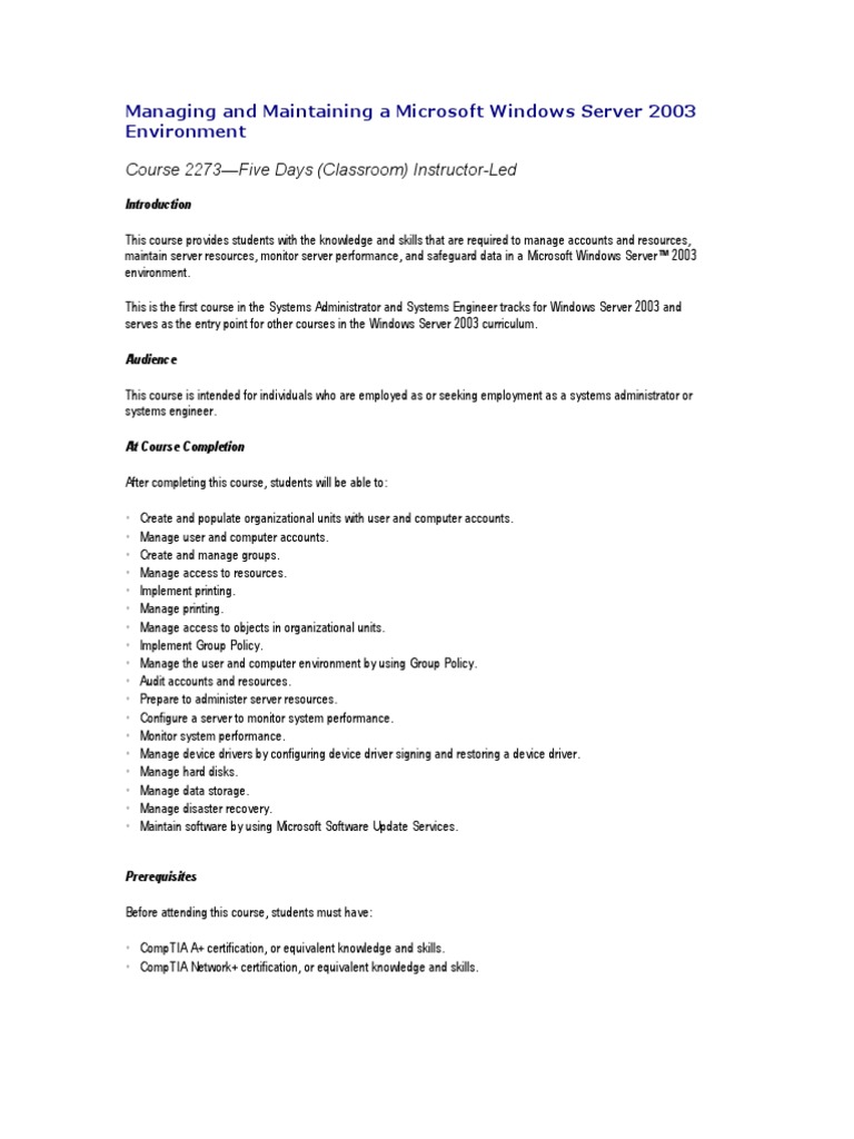 Managing and Maintaining A Microsoft Windows Server 2003 Environment ...