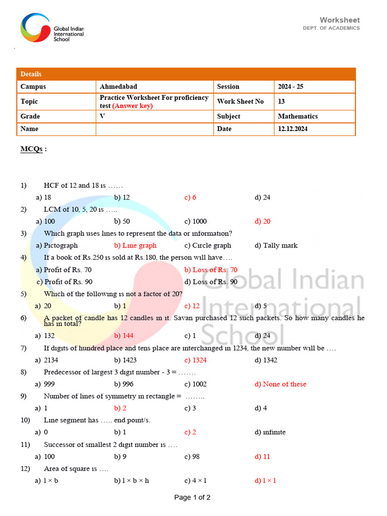 Grade V Math Proficiency Worksheet | PDF | Mathematical Concepts