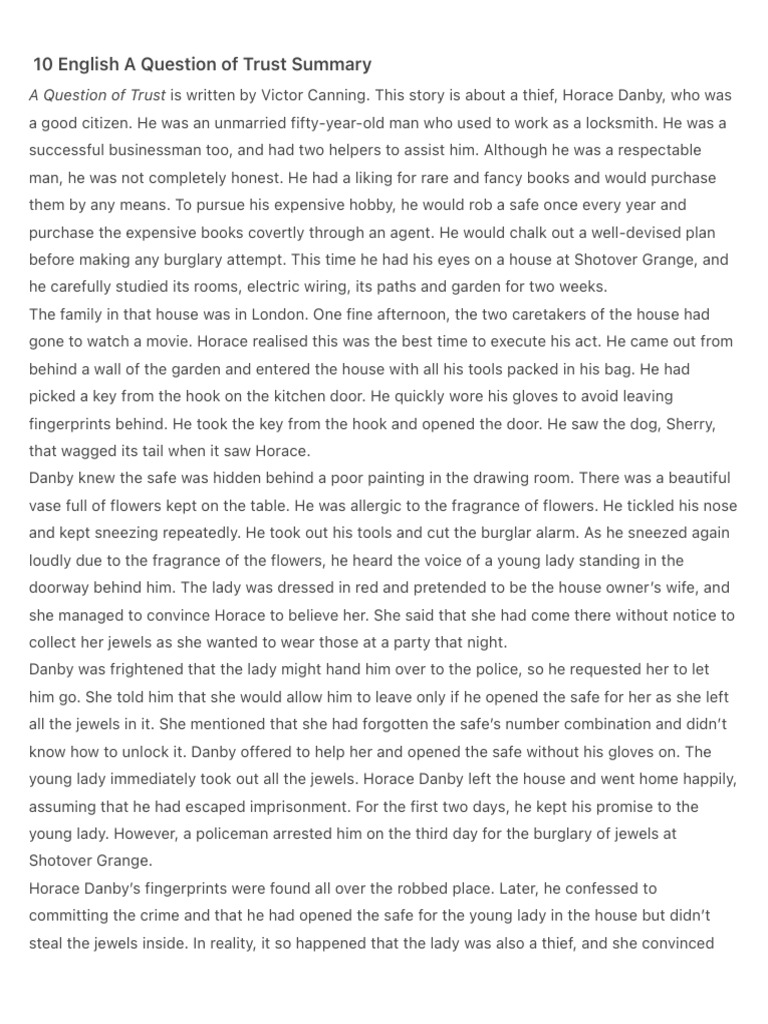 10 English A Question of Trust Summary | PDF