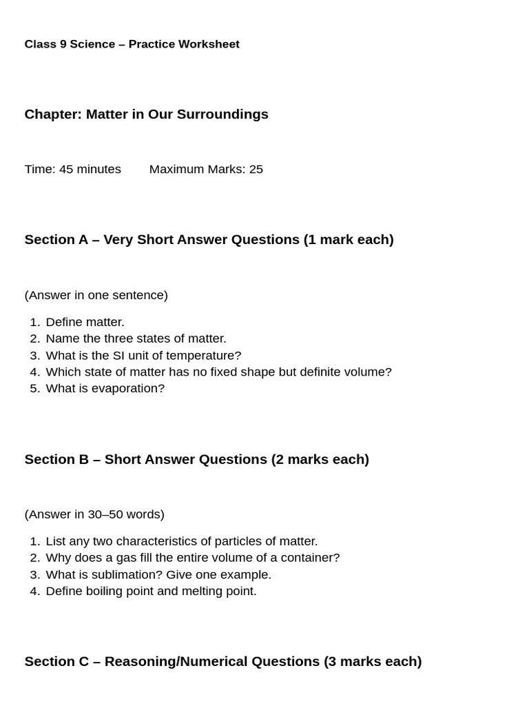 Class 9 Science - Practice Worksheet PDF | PDF