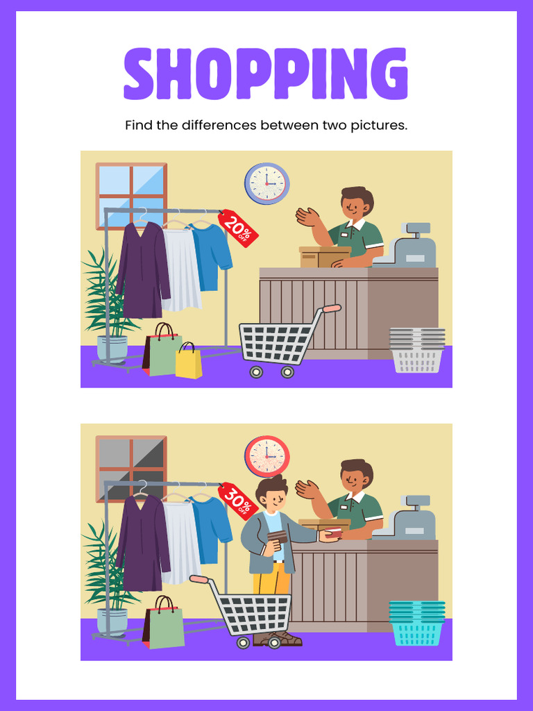 Shopping Spot The Differences Worksheet in Purple White Basic Style | PDF