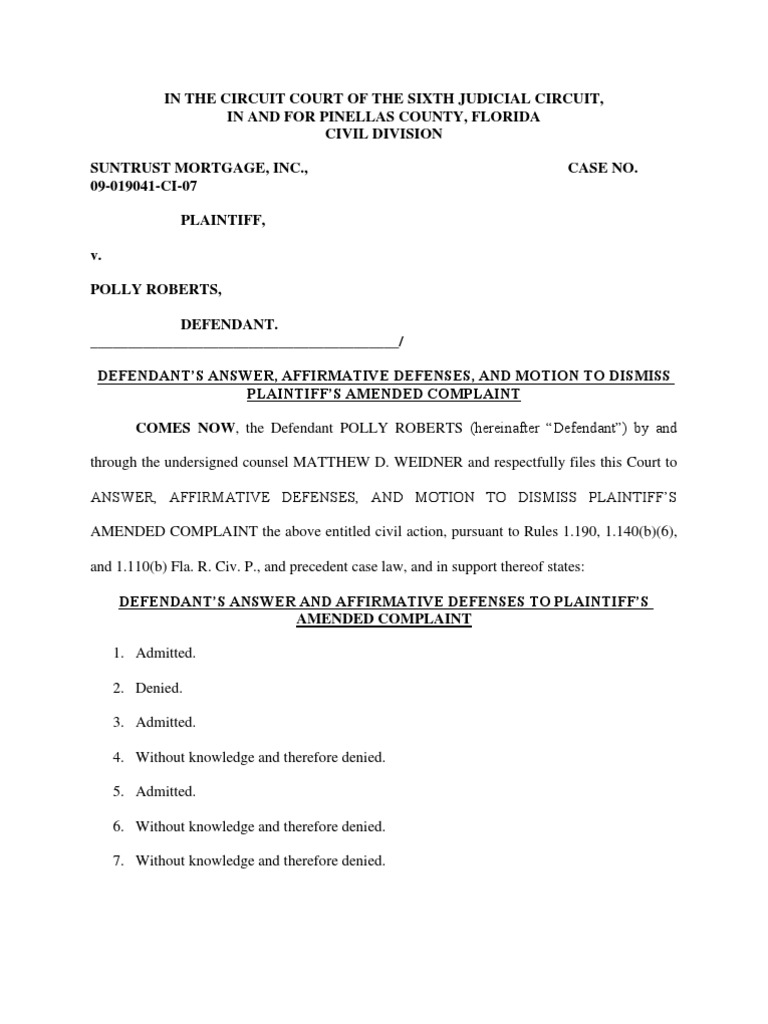 DEFENDANT'S ANSWER, AFFIRMATIVE DEFENSES, AND MOTION TO DISMISS ...