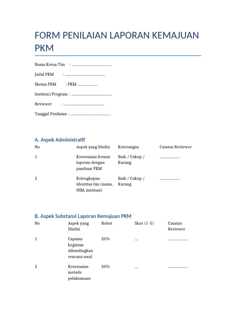 Form Penilaian Laporan Kemajuan PKM | PDF