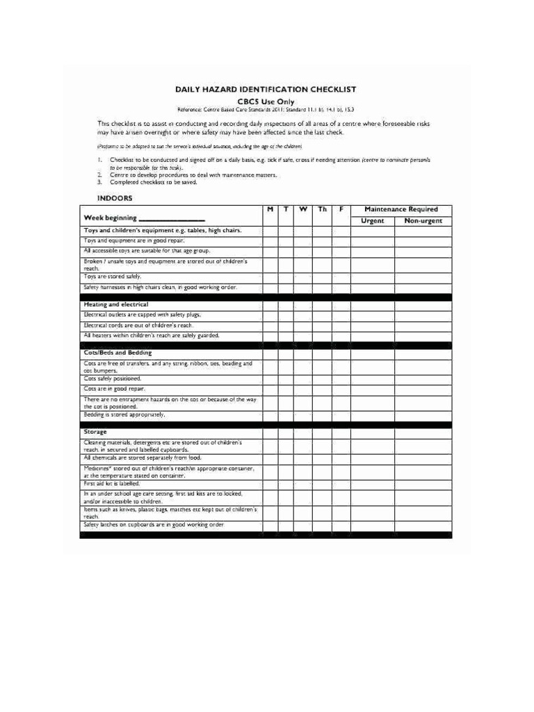 Daily Hazard Identification Check List | PDF