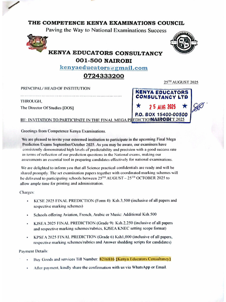 Kcse, Kjsea & Kpsea Final Prediction Letter | PDF