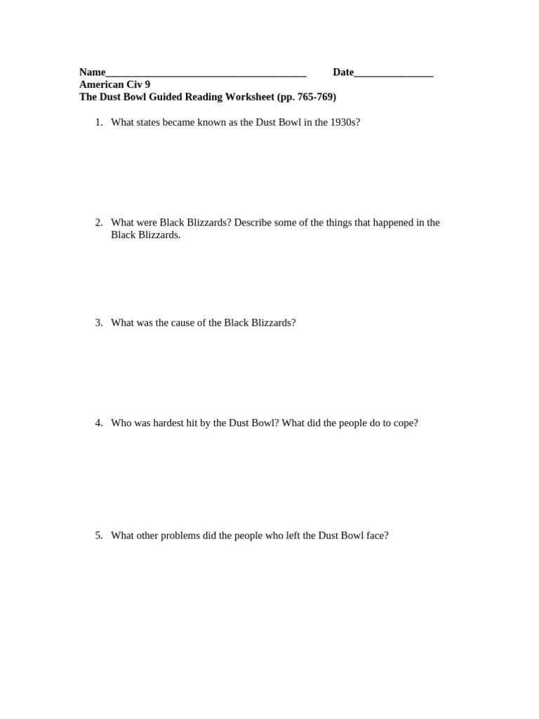 Dust Bowl Guided Reading Worksheet | PDF