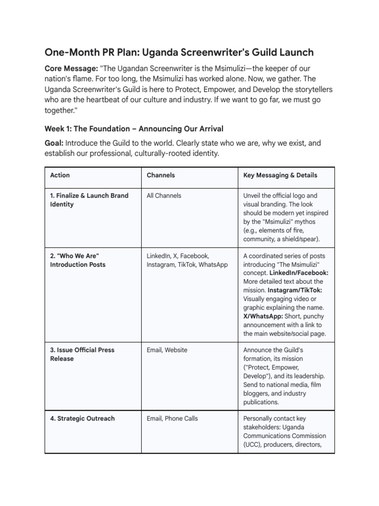One-Month PR Plan Uganda Screenwriter's Guild Launch | PDF | Linked In ...