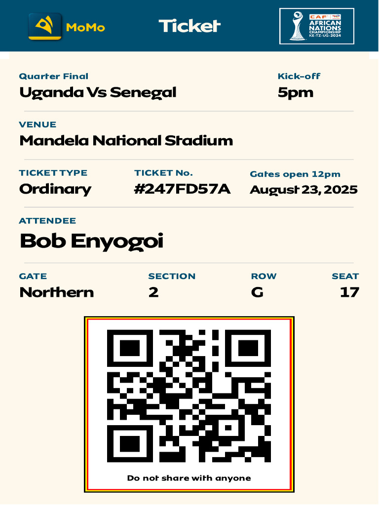 Uganda vs Senegal Quarter Final Ticket | PDF