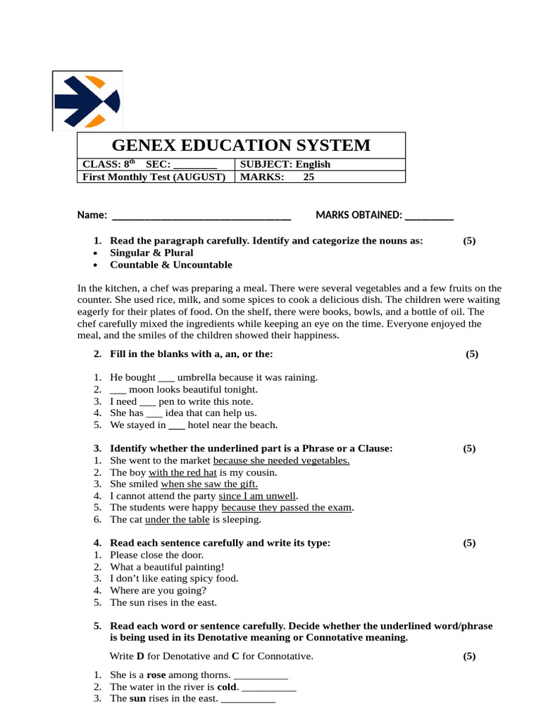 Class 8th (English) | PDF