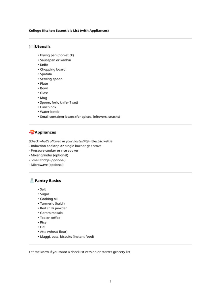 College Kitchen Essentials | PDF