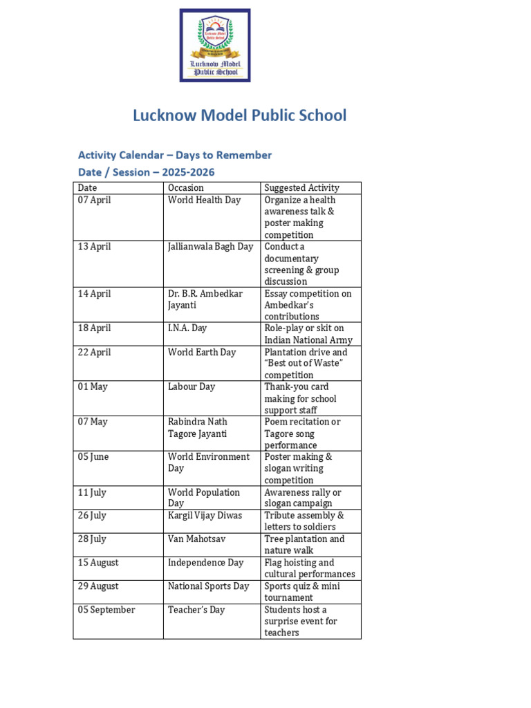 Lucknow School 2025-2026 Activity Calendar | PDF