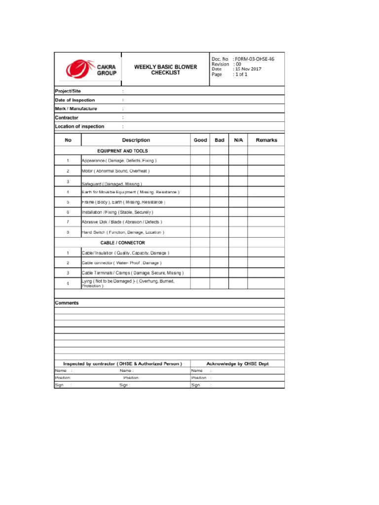 Weekly Basis Blower Checklist.. | PDF