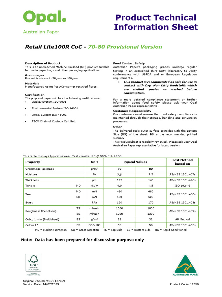 Opal Kraft Paper Technical Sheet | PDF | Paper