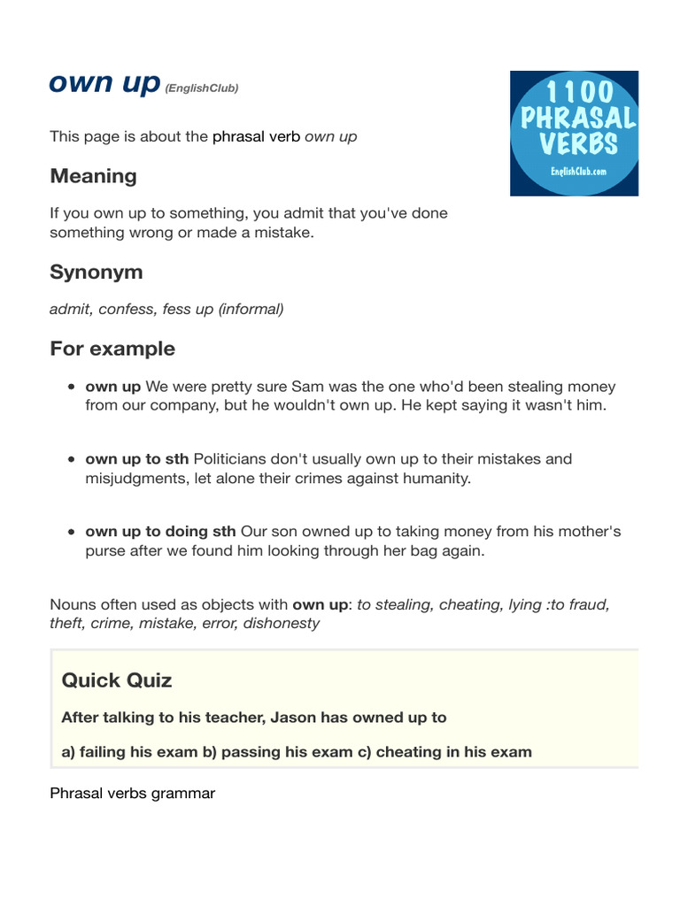 Own Up - Vocabulary - EnglishClub | PDF