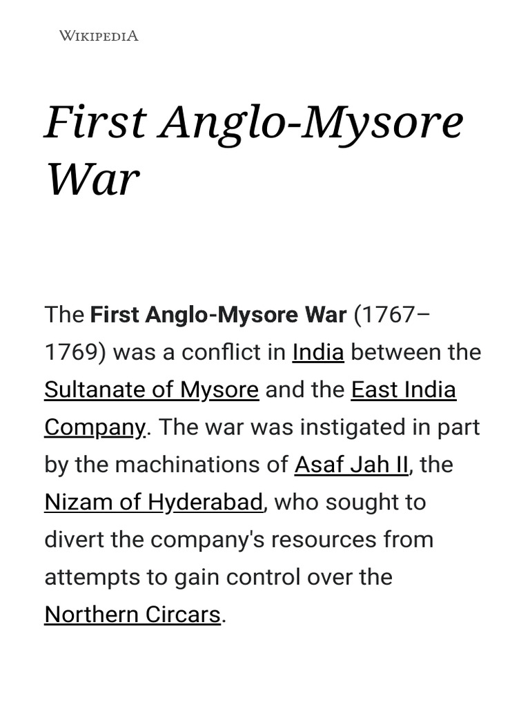 First Anglo-Mysore War Overview | PDF | Foreign Relations Of Great ...