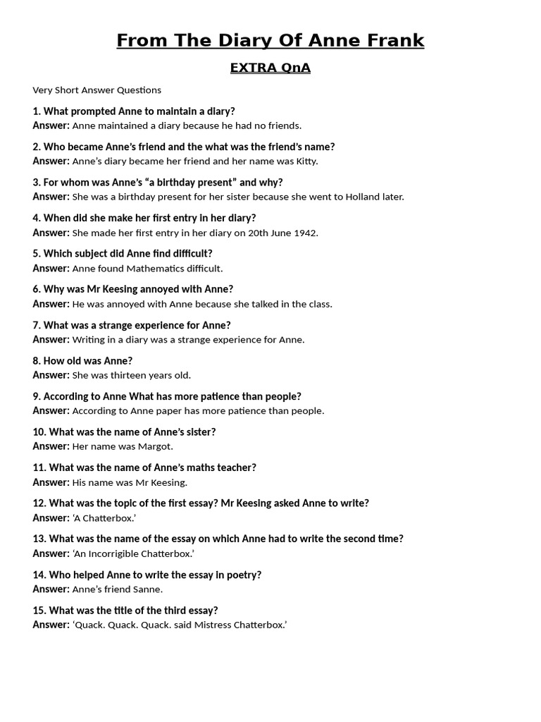 English CH - From The Diary of Anne Frank EXTRA QnA | PDF | Anne Frank ...