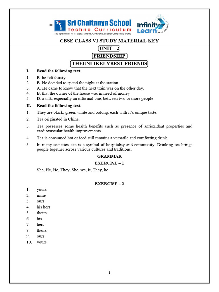 CBSE Class VI English Study Material Unit - 2 KEY | PDF
