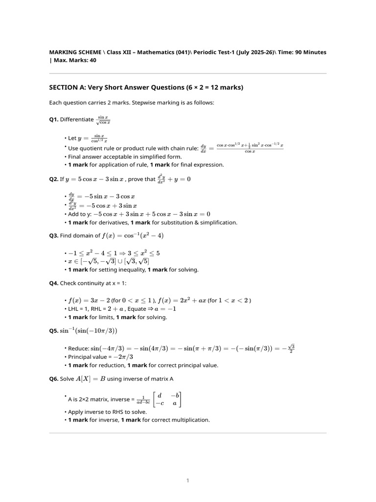 12 Math Pt1nw Marking Scheme | PDF | Subtraction | Analysis