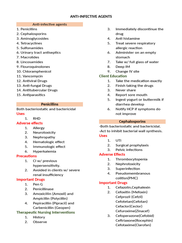Anti-Infective Drug Classifications | PDF | Antibiotics | Drugs