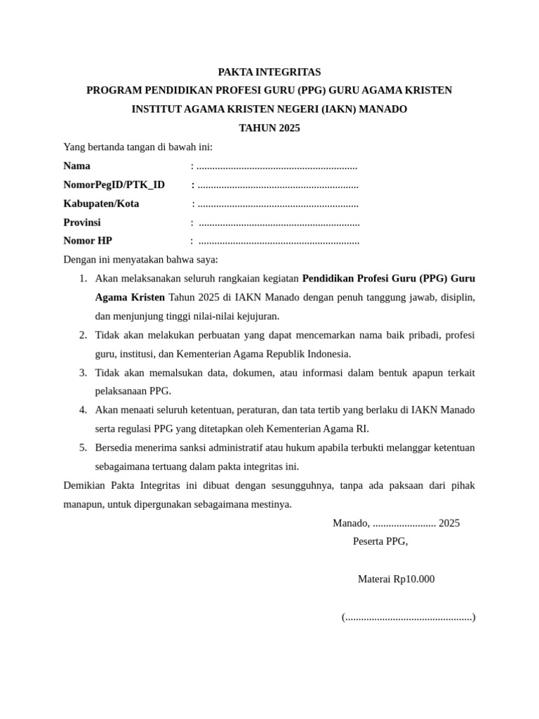 Pakta Integritas PPG Guru Agama Kristen | PDF