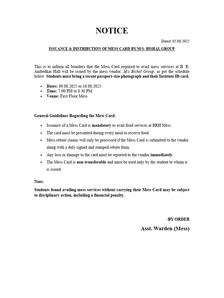 Mess Card Notice | PDF
