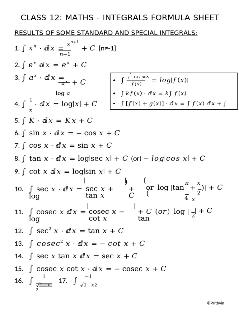 Class 12 Indefinite Integration Formulas | PDF | Chess Theory | Chess
