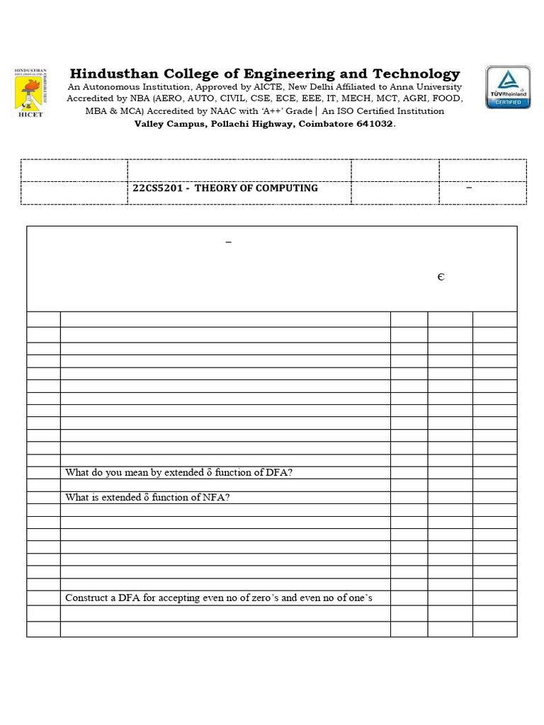 22cs5201 - Theory of Computation - Question Bank | PDF | Formalism (Deductive) | Computer Science