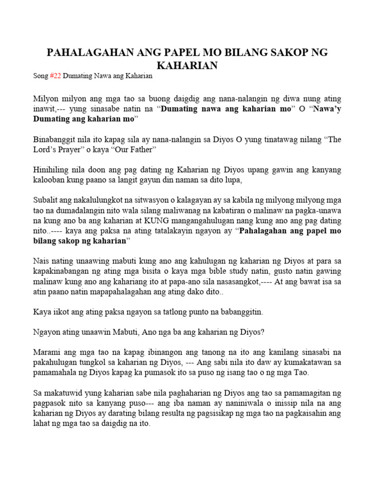Pahalagahan Ang Papel Mo Bilang Sakop NG Kaharian 2 | PDF