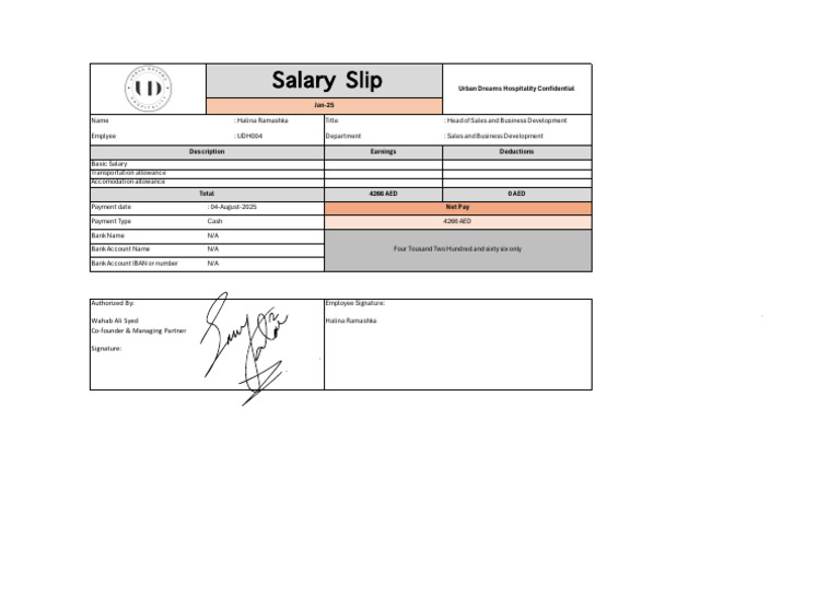 Salary Slip for Head of Sales - Jan 2025 | PDF