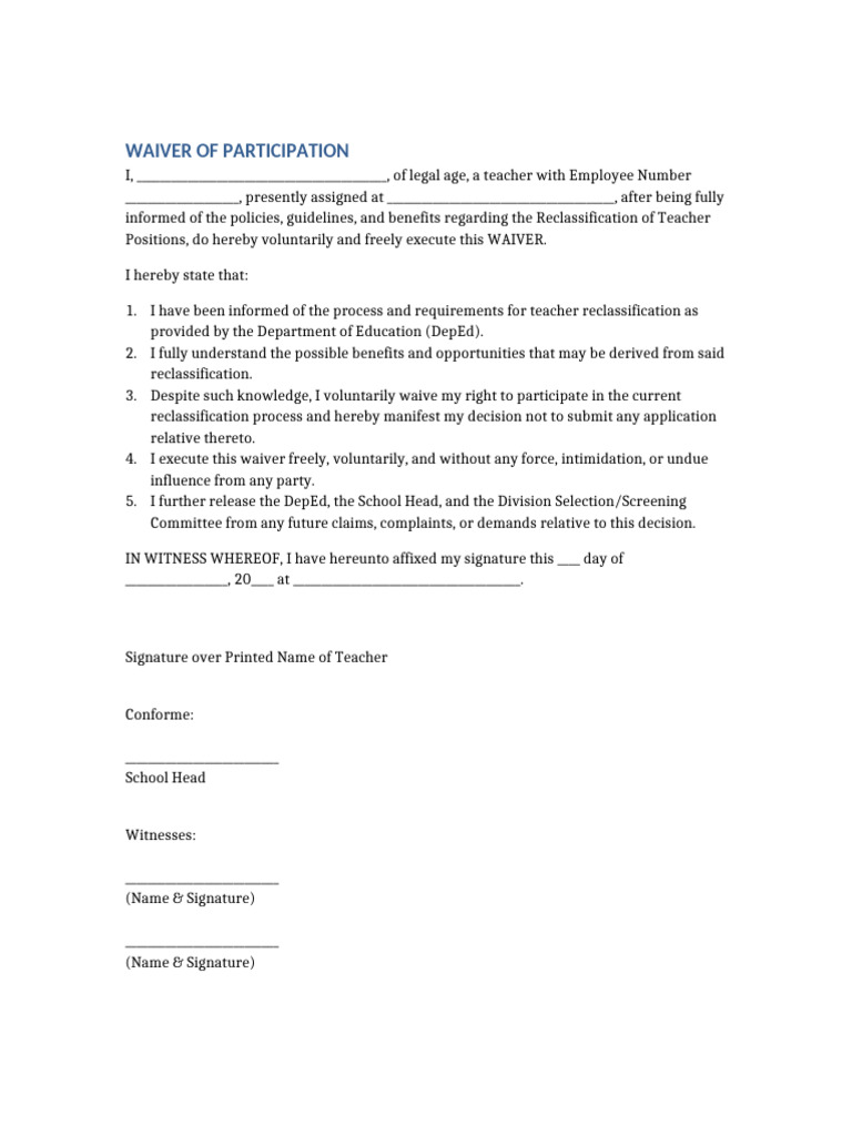Teacher Reclassification Waiver Form | PDF
