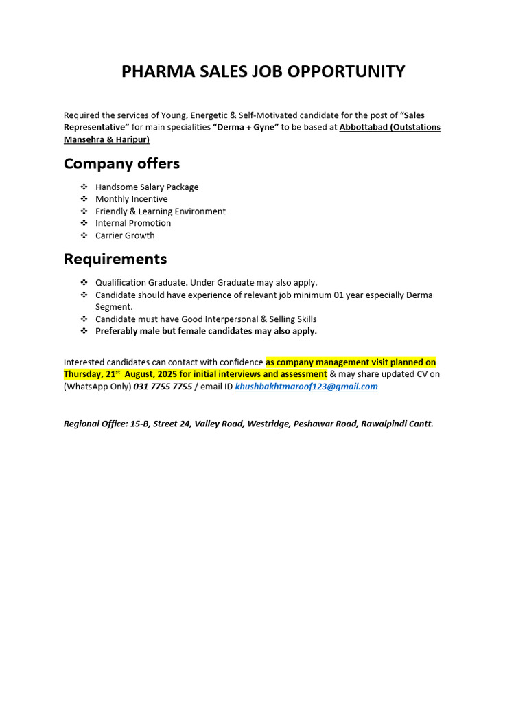 Pharma Job Vacancy Abbottabad-2 | PDF