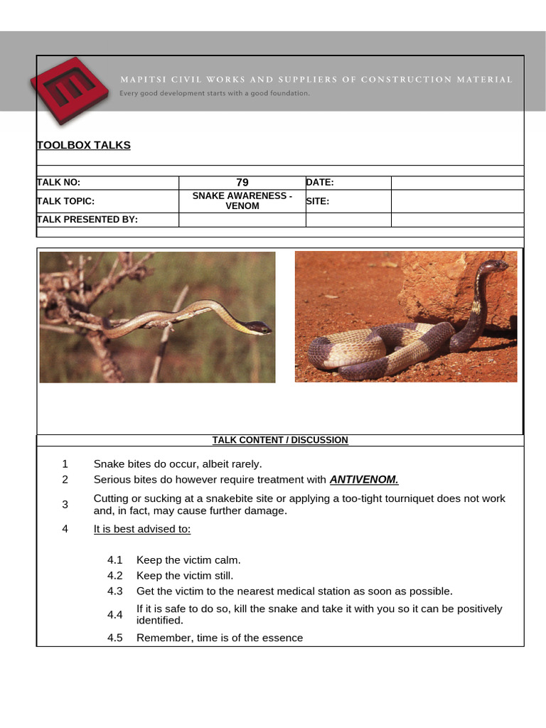 Toolbox Talks: Talk No: Date: Talk Topic: Snake Awareness - Venom Site ...