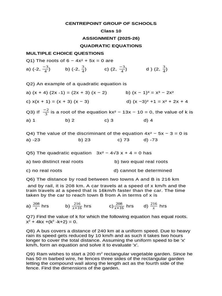 CLASS 10 LP4 QUADRATIC EQUATIONS ASSIGNMENT | PDF