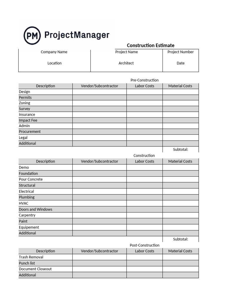 Free Construction Estimate Template ProjectManager WLNK | PDF
