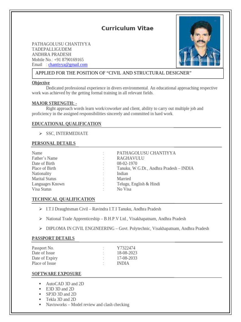 Civil Designer CV: Pathagolusu Chantiyaa | PDF